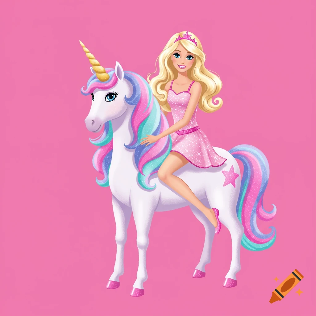 Drawing of a princess riding a unicorn with rainbow mane on a pink ...