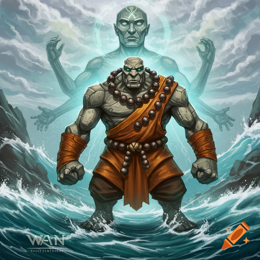 Stone goliath monk with astral projection stands in a stormy sea ...