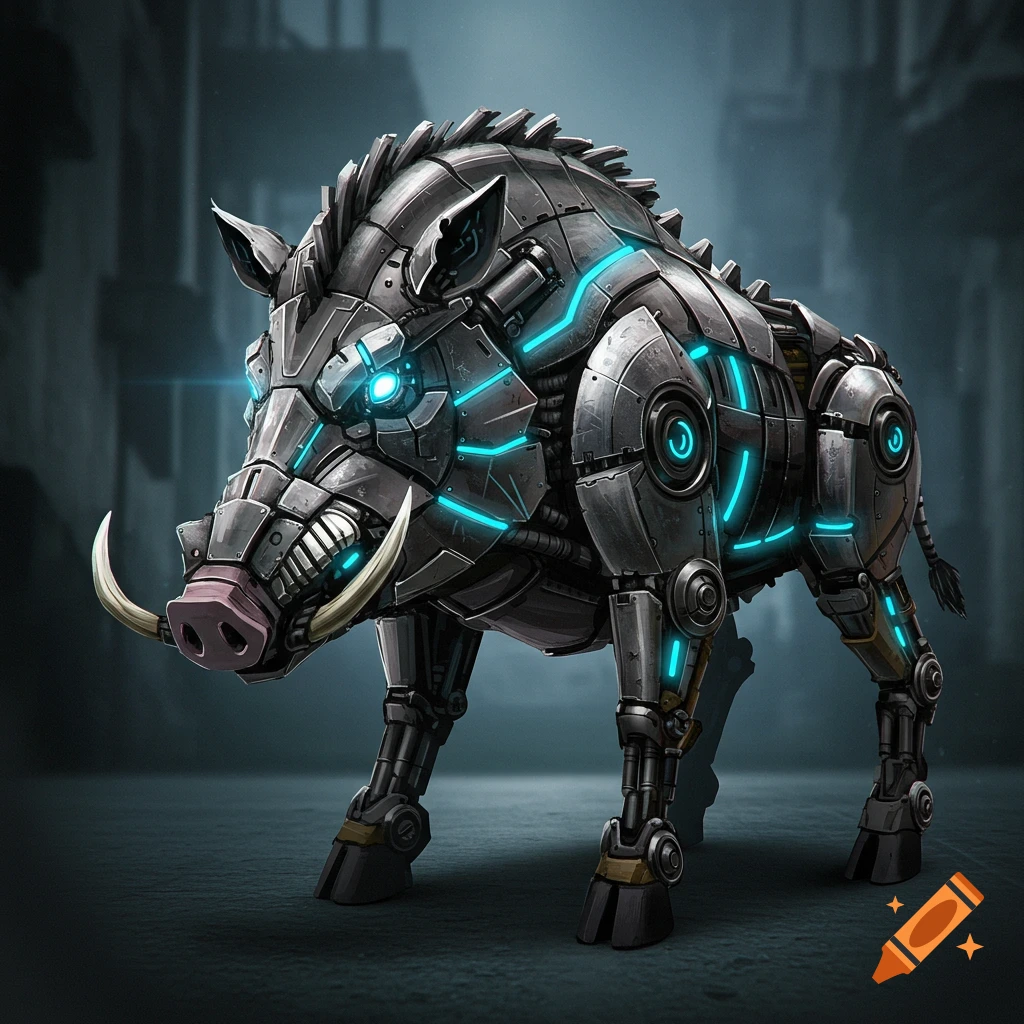 A steel mechanical boar with glowing blue lights stands in a dark ...