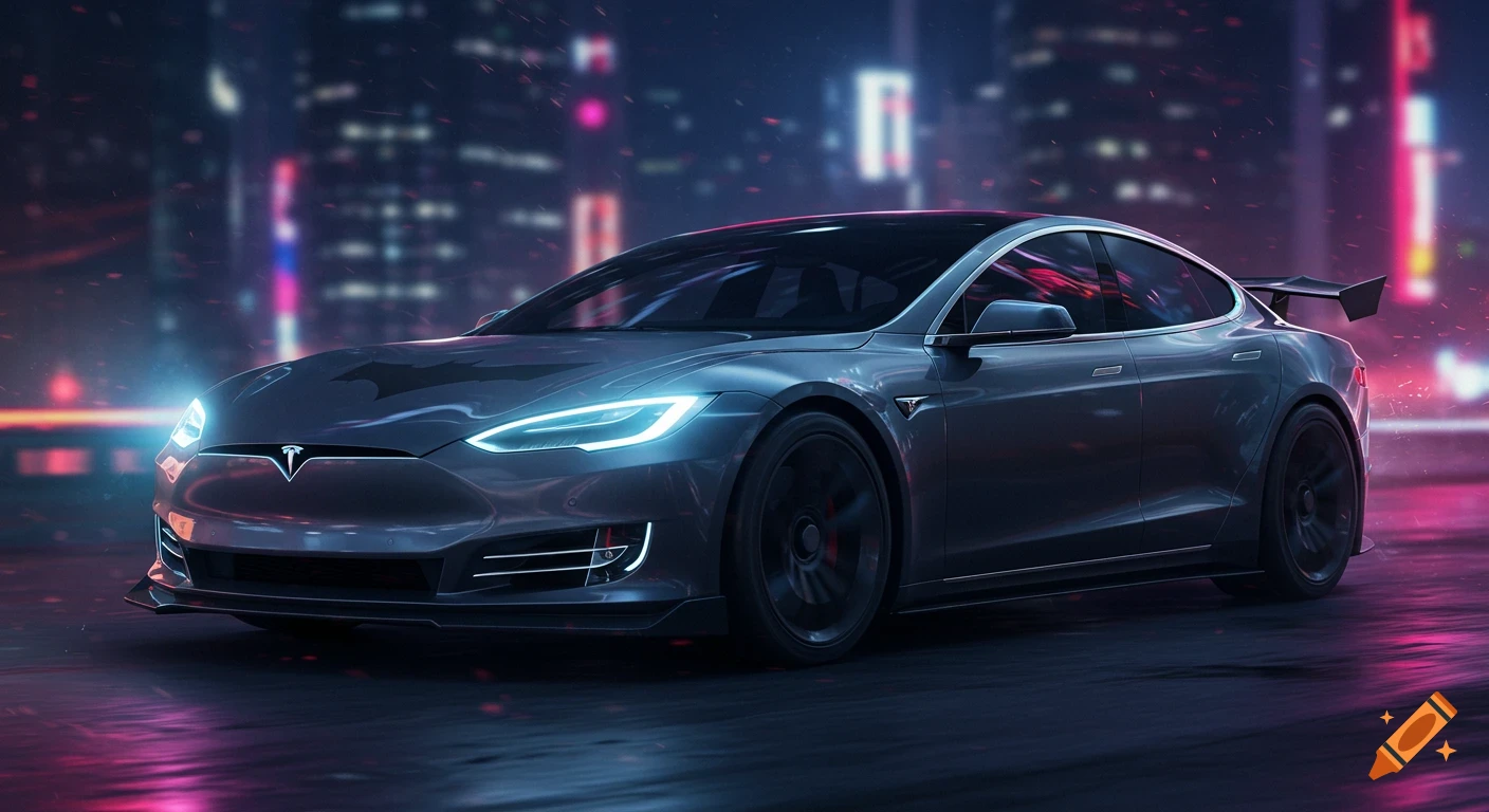 Modified Tesla Batmobile driving through a neon-lit city at night. on ...