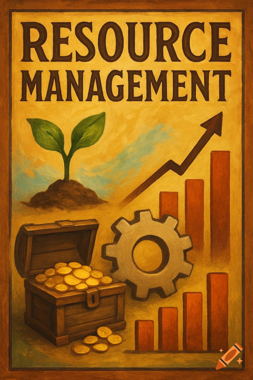 Illustration poster titled 'Resource Management' with a plant, treasure ...