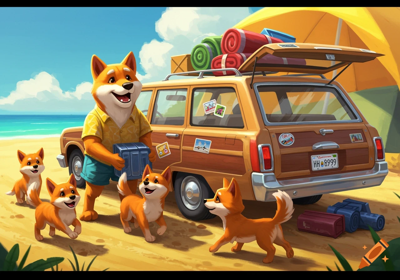 Cartoon daddy dog packing station wagon on beach with three pups on Craiyon
