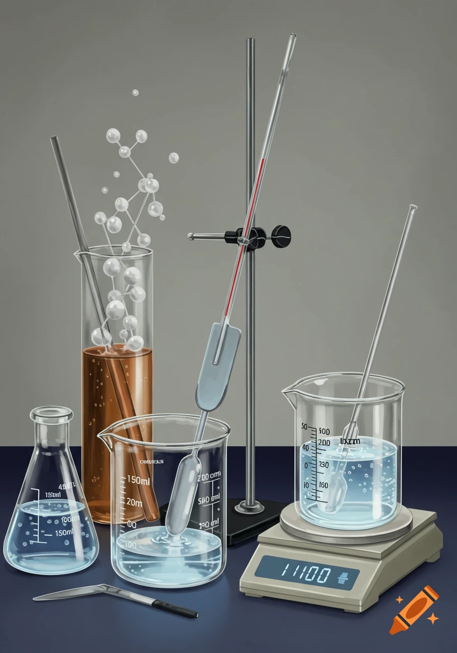 Illustration of lab equipment including beakers, flask, scale ...