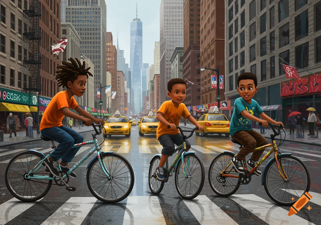 Three boys ride bikes across a street in New York City. on Craiyon