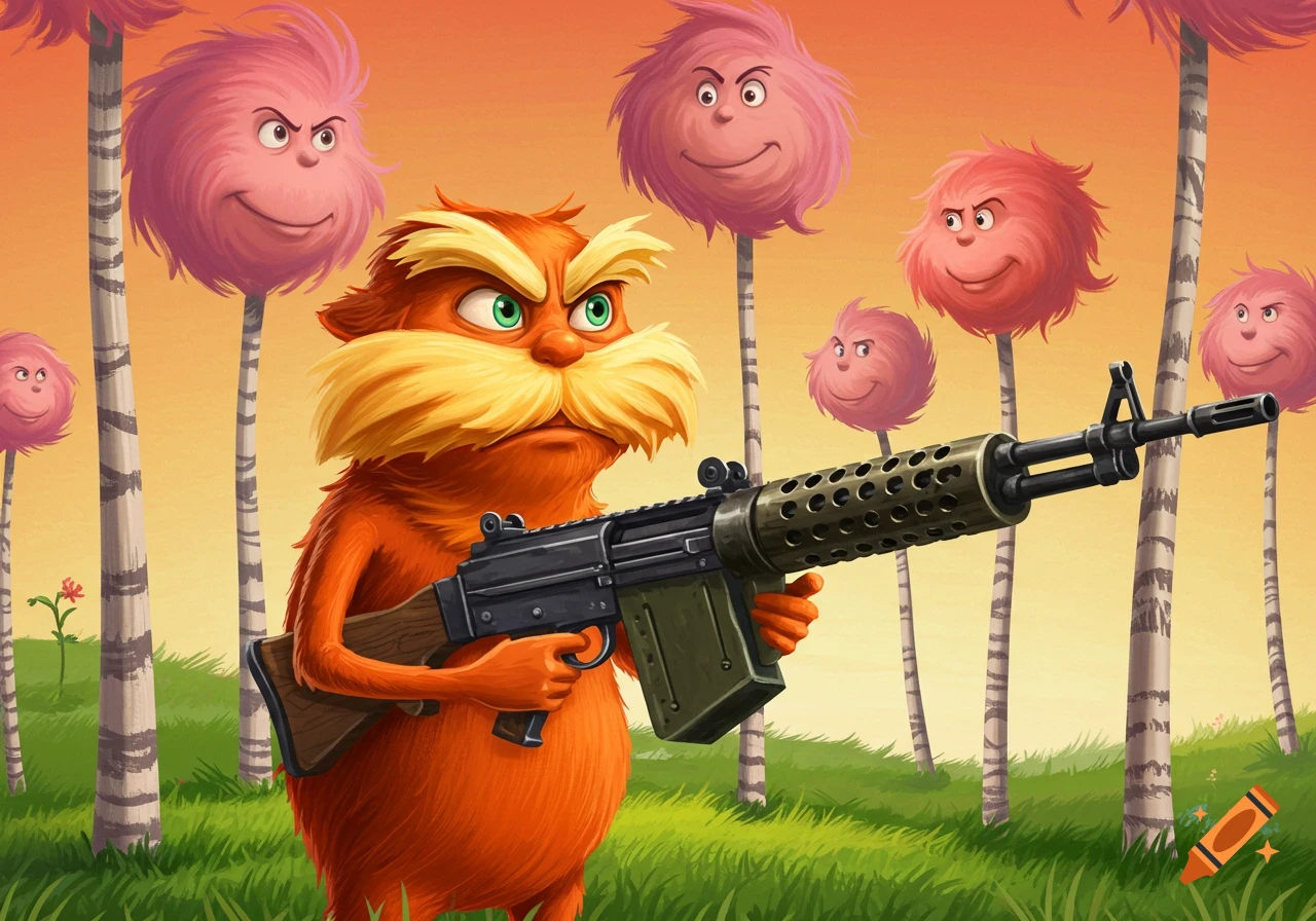The Lorax holding a machine gun surrounded by Truffula trees. on Craiyon