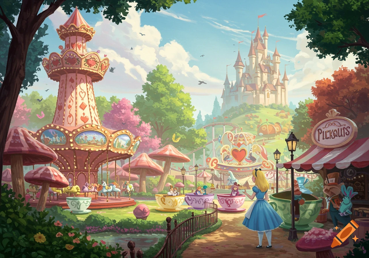 An Alice in Wonderland themed amusement park with Alice, rides, a ...