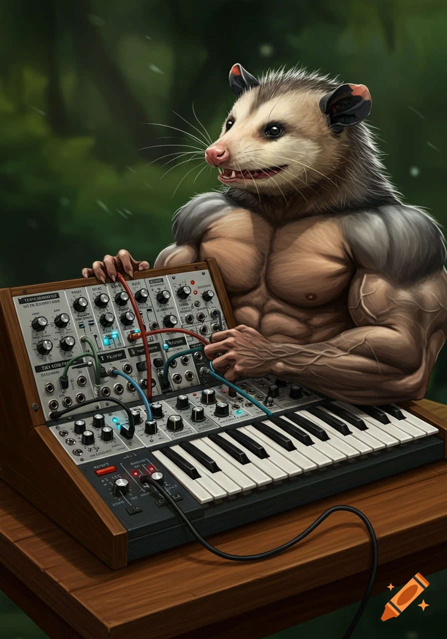 Muscular opossum playing a modular synthesizer. on Craiyon