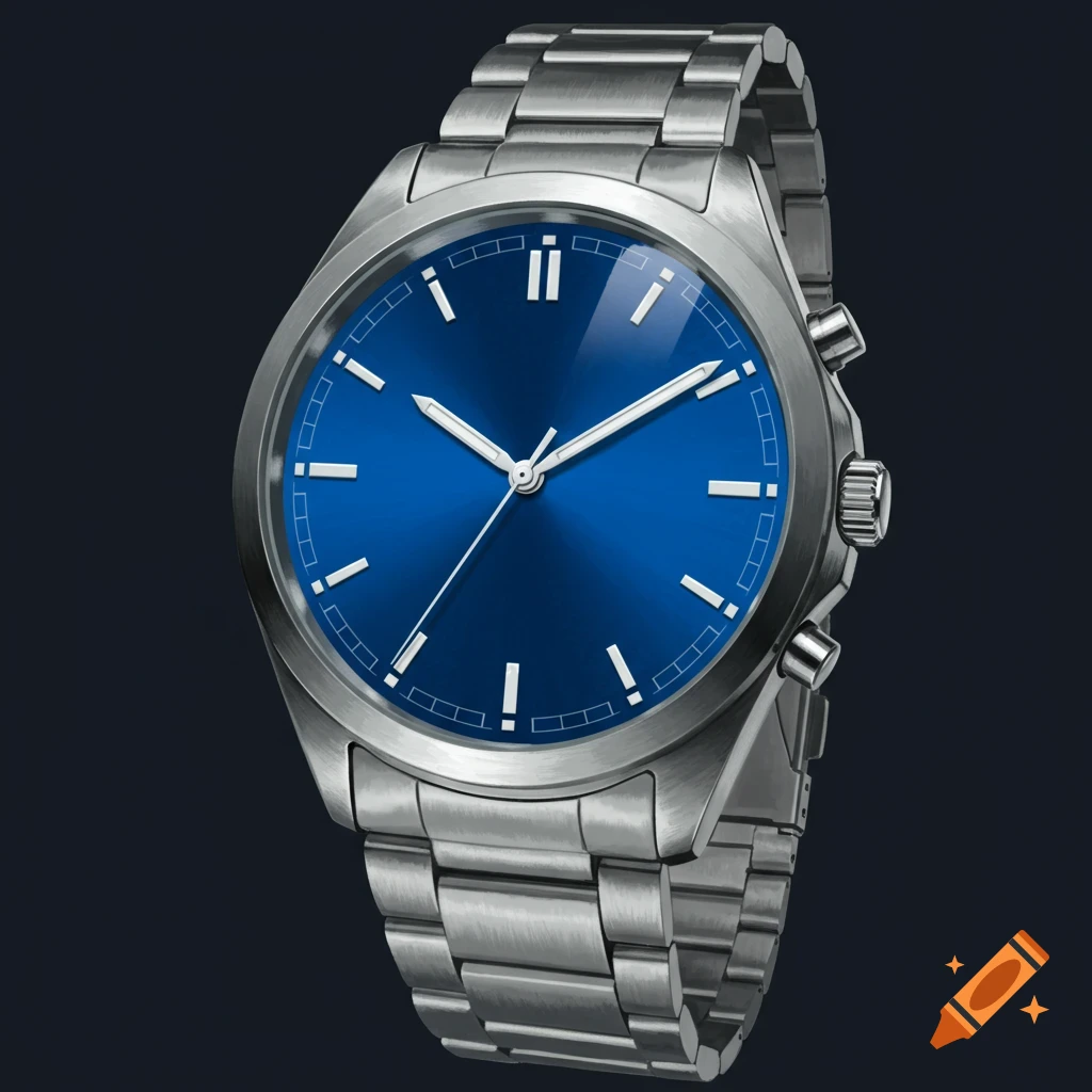 A silver watch with a blue dial and white hands on a dark background ...