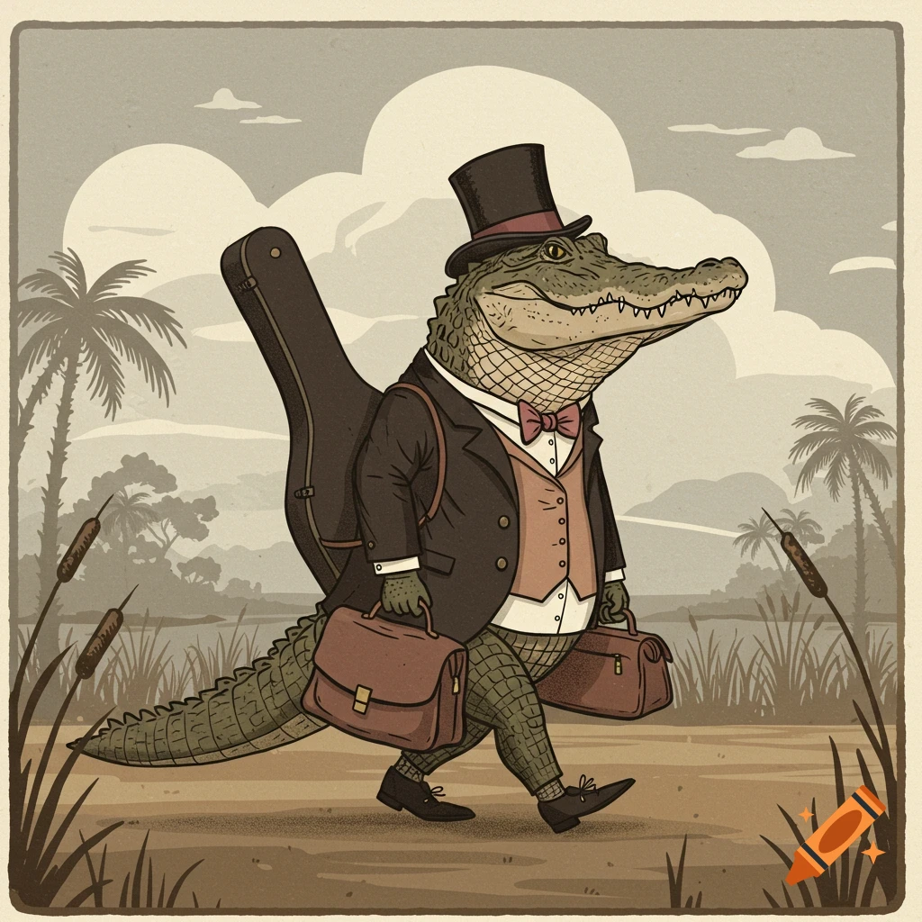 An illustrated alligator in a top hat and suit walks carrying a guitar ...