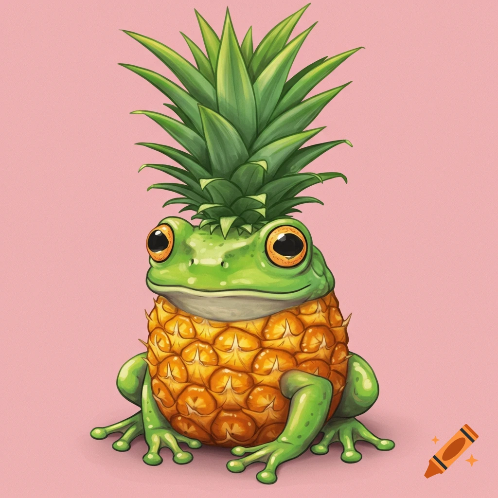 A cartoon frog with a pineapple for a body and leaves for hair. on Craiyon