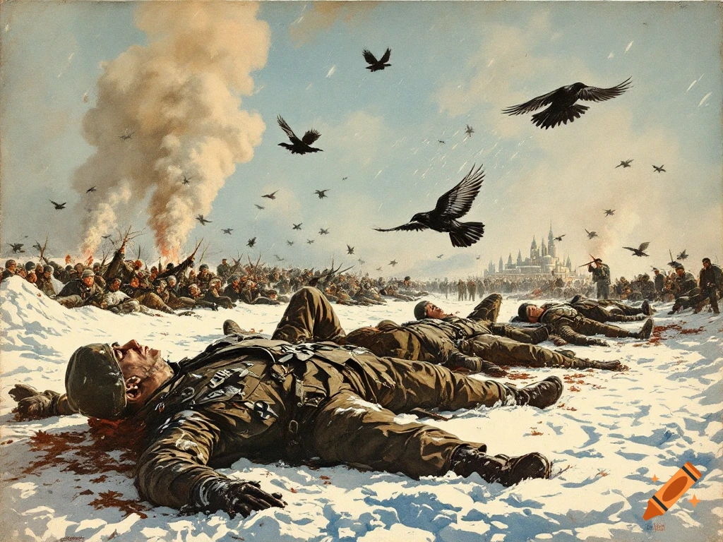 Painterly scene of dead soldiers lying in a snowy field with crows ...