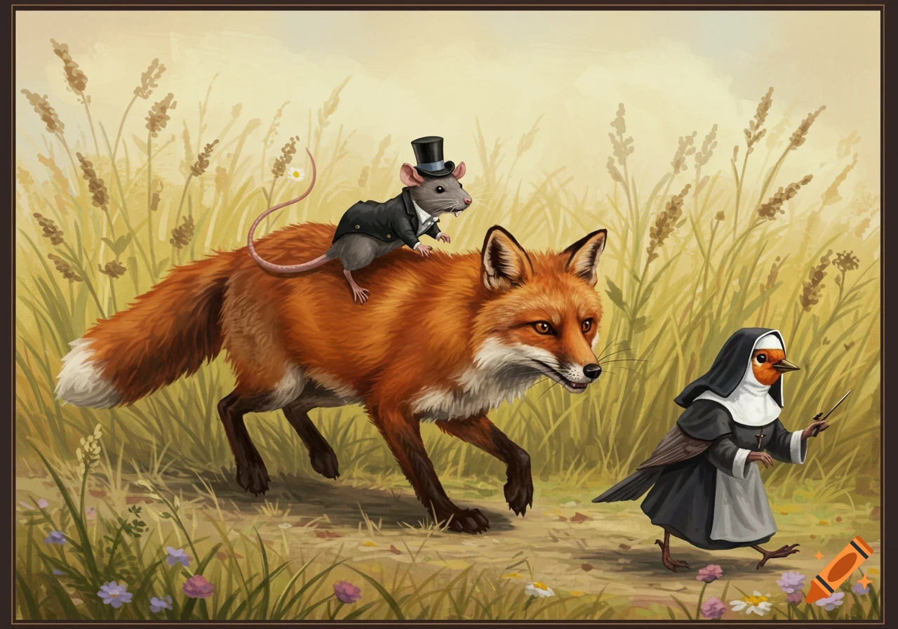 An illustration of a fox carrying a rat in a top hat, walking with a ...
