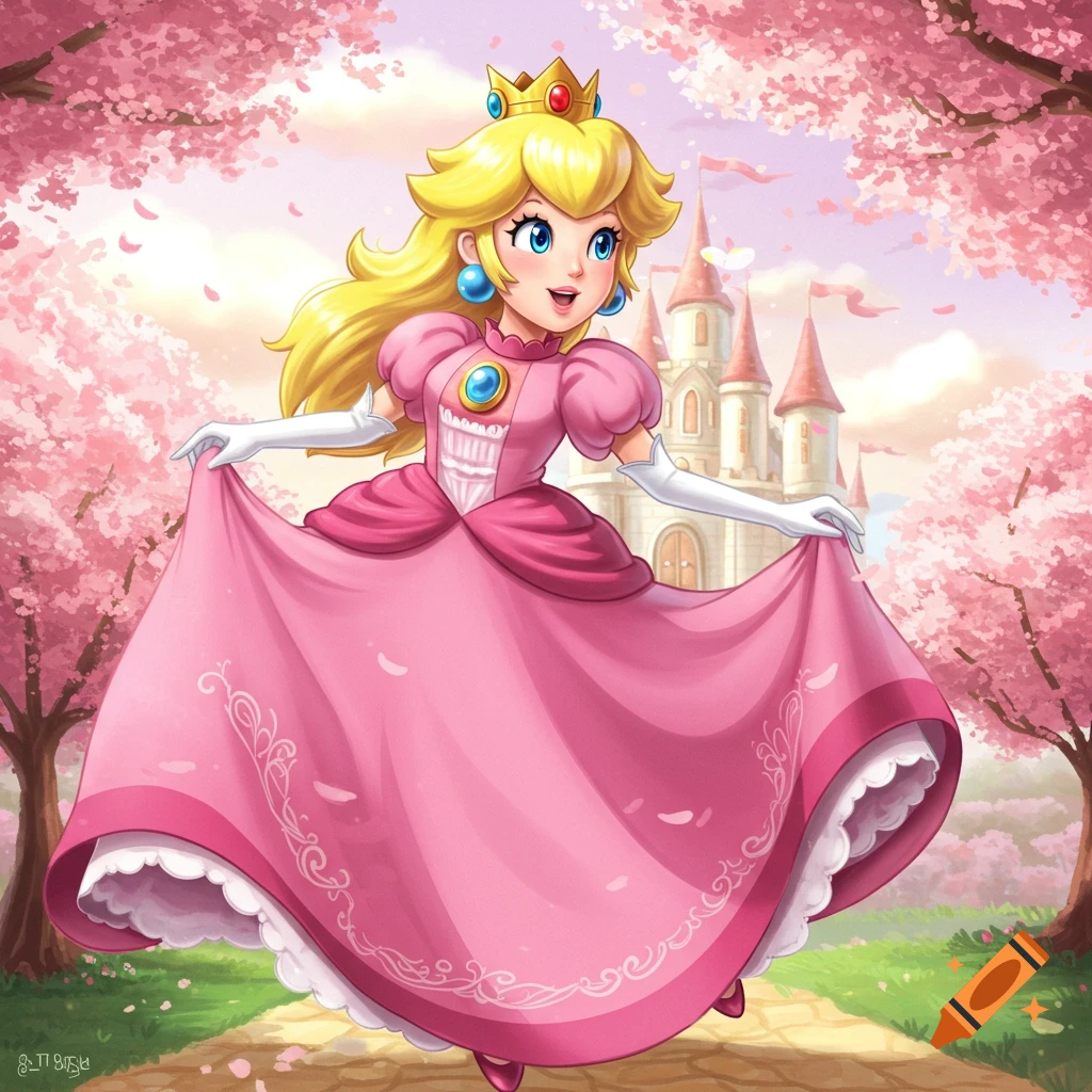 Princess Peach walking under cherry blossom trees with a castle in the ...