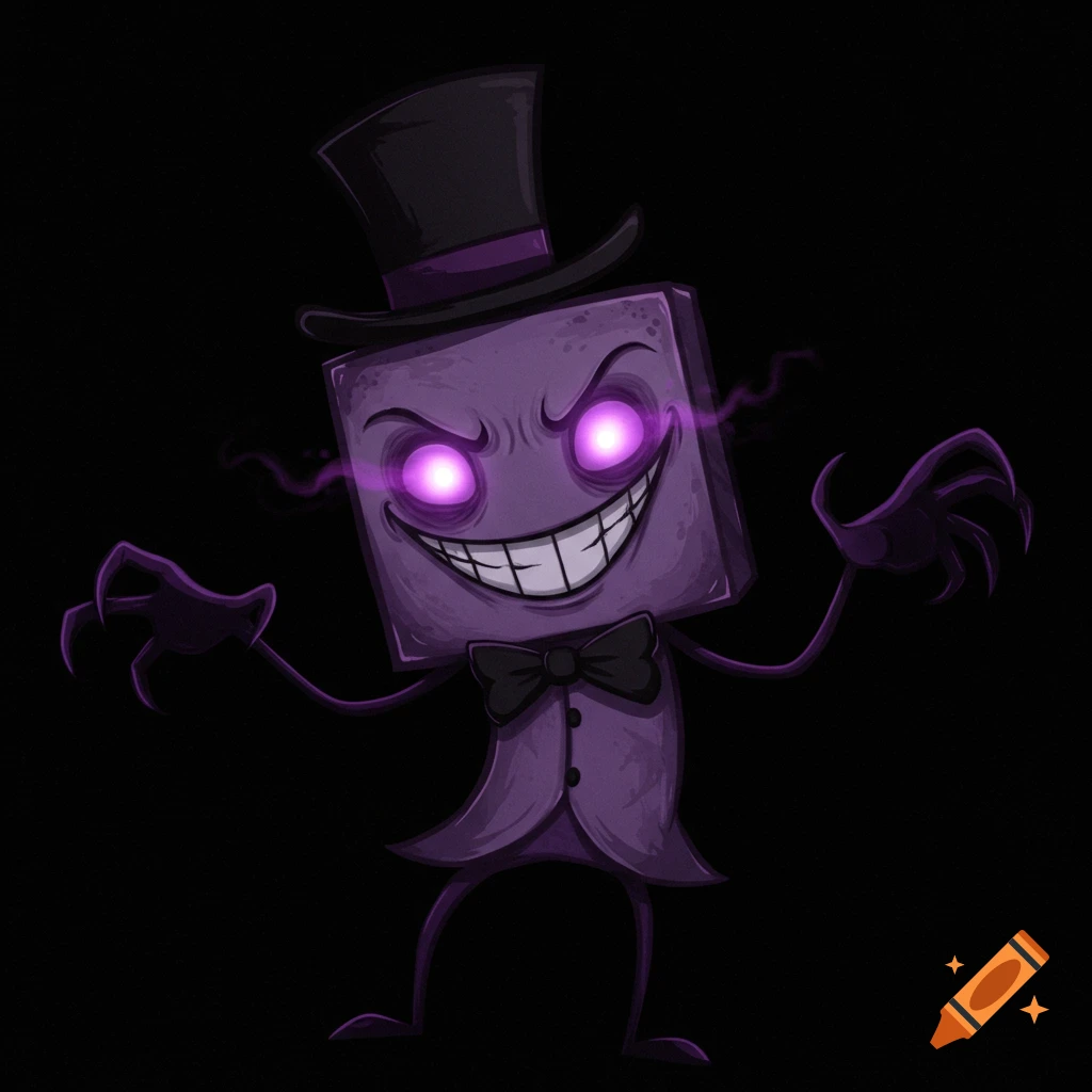 An evil-looking purple square character with glowing eyes, sharp teeth ...