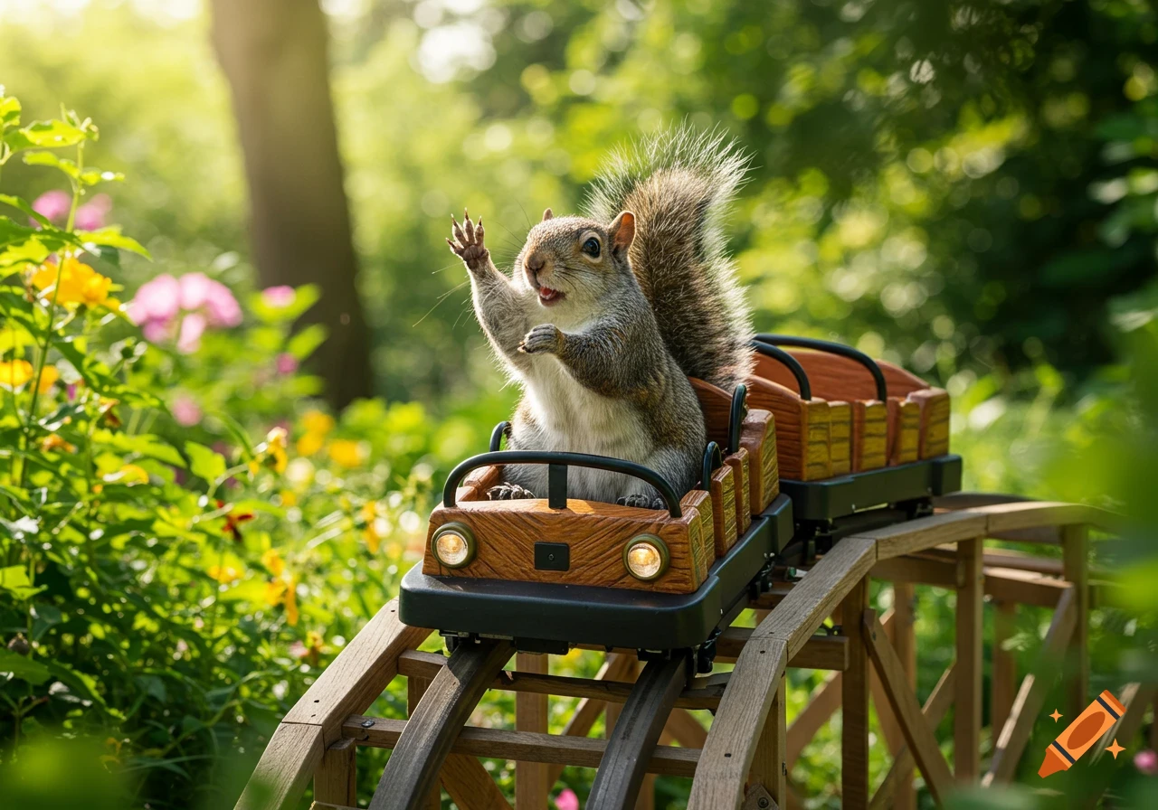 Realistic grey squirrel riding a roller coaster with its arms raised in ...