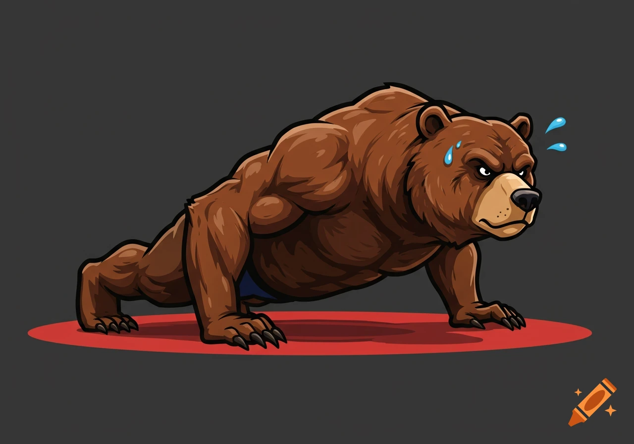 Cartoon illustration of a muscular brown bear doing a push-up on a red ...