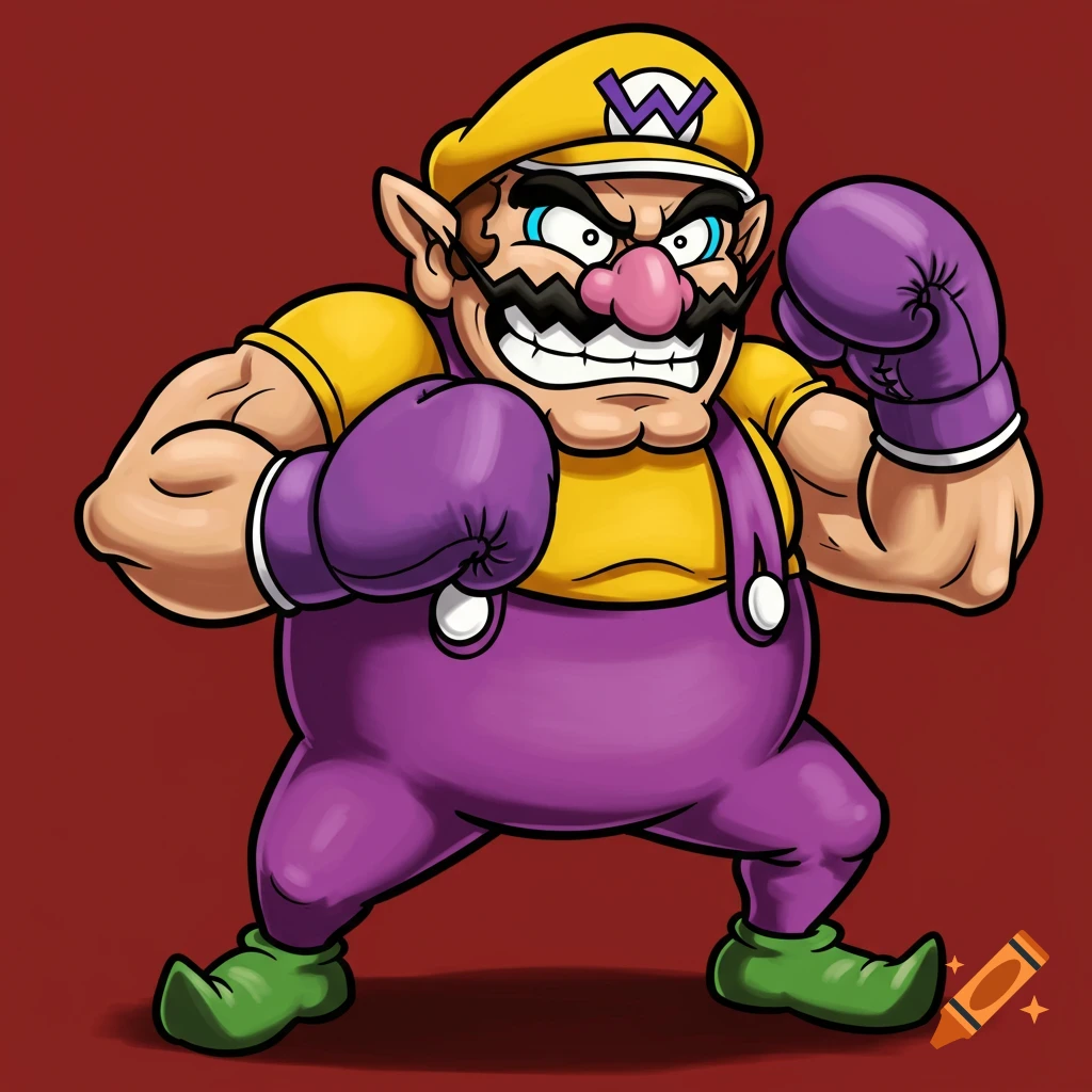 Wario in yellow shirt, purple overalls, and boxing gloves, ready to ...