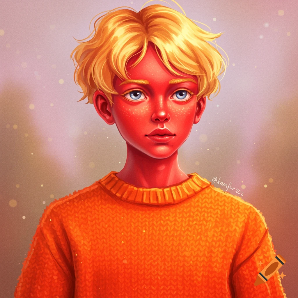 Stylized portrait of a red-skinned person with blonde hair in an orange ...