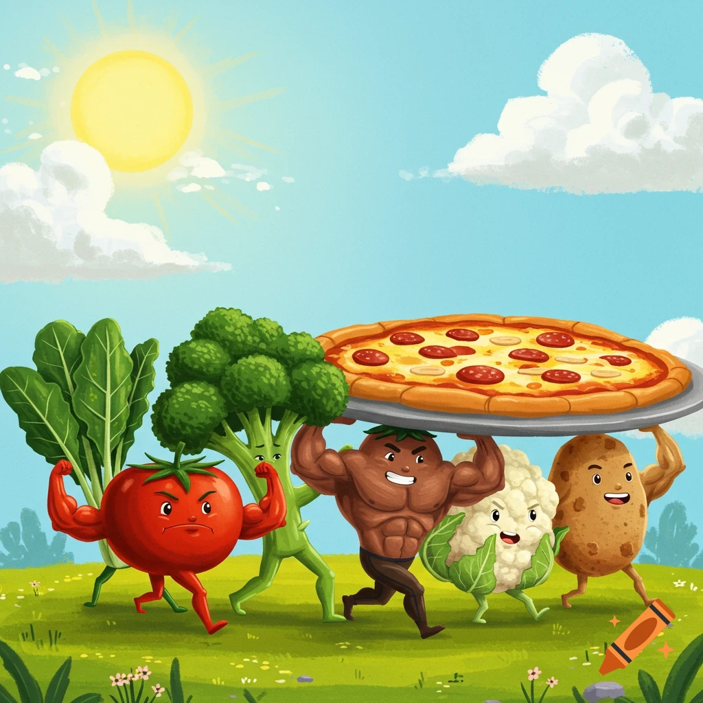 Cartoon of strong vegetables and fruits carrying a pizza across a sunny ...