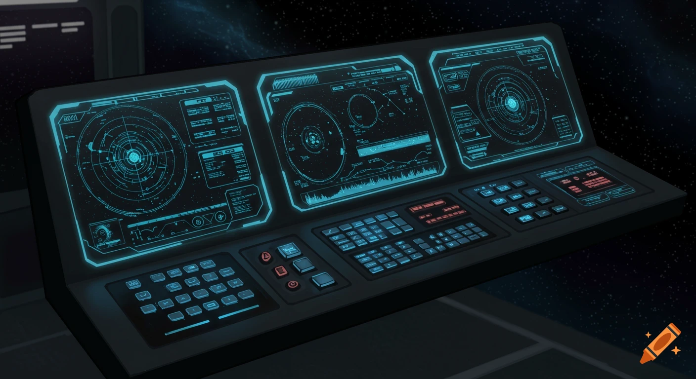 A futuristic space console with multiple glowing blue screens and ...