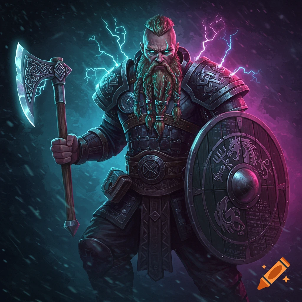Digital art portrait of a fierce Viking warrior with axe and shield ...