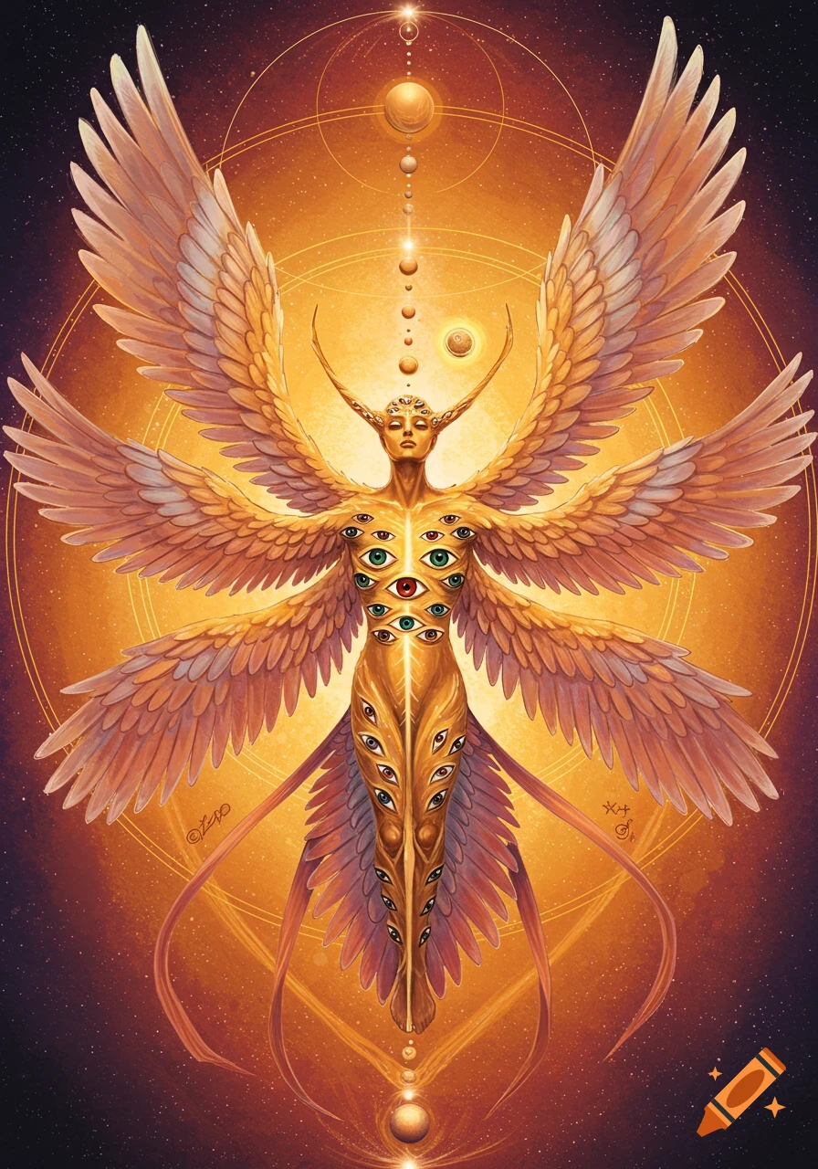 Golden celestial being with many wings and eyes against a cosmic ...