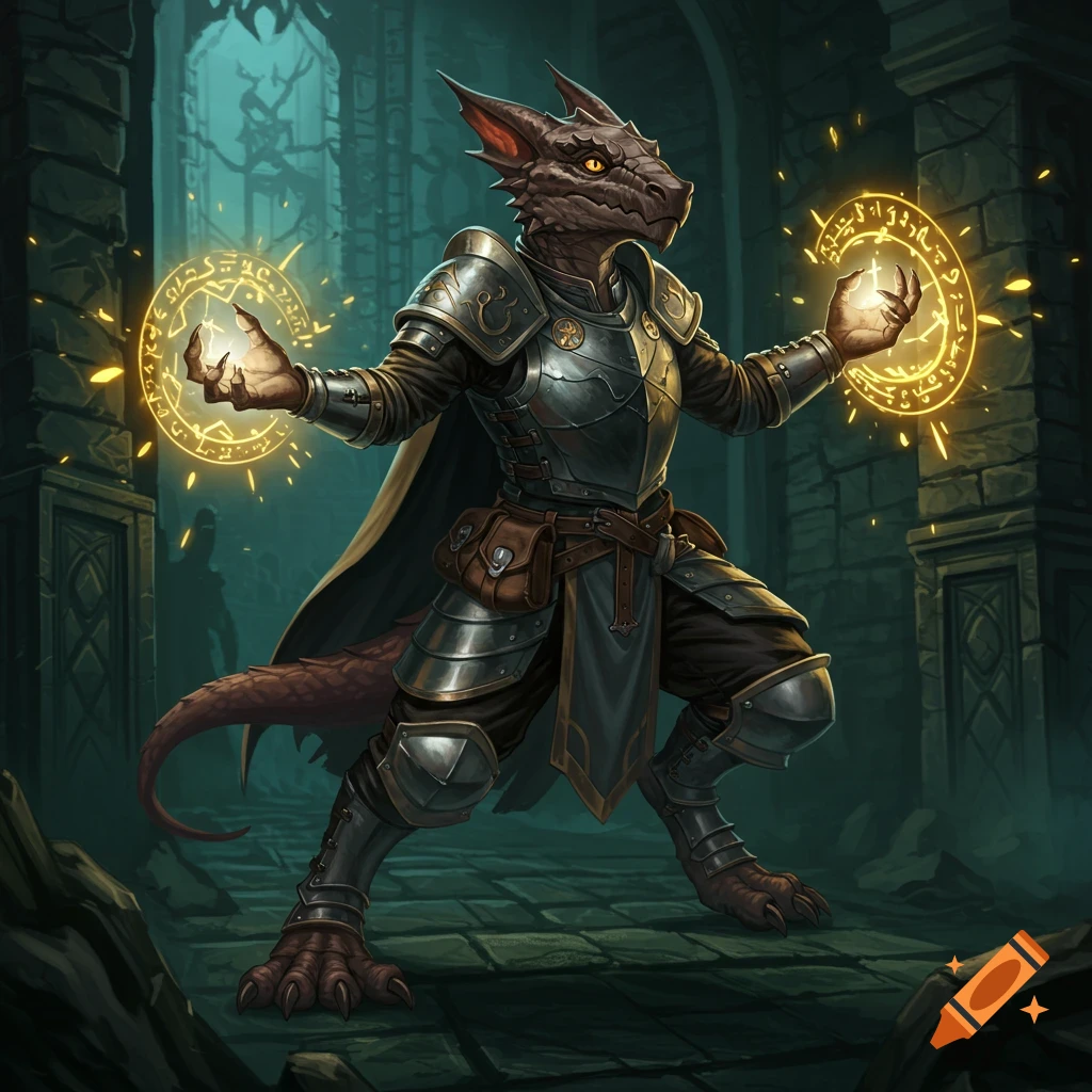 A dragon-like creature in fantasy armor casts magic with glowing ...
