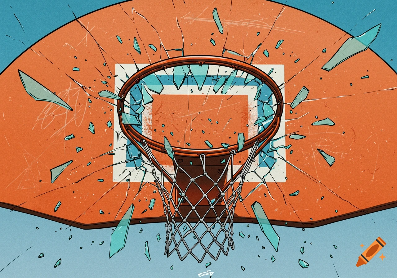 Illustration of a basketball backboard shattering with pieces of glass ...