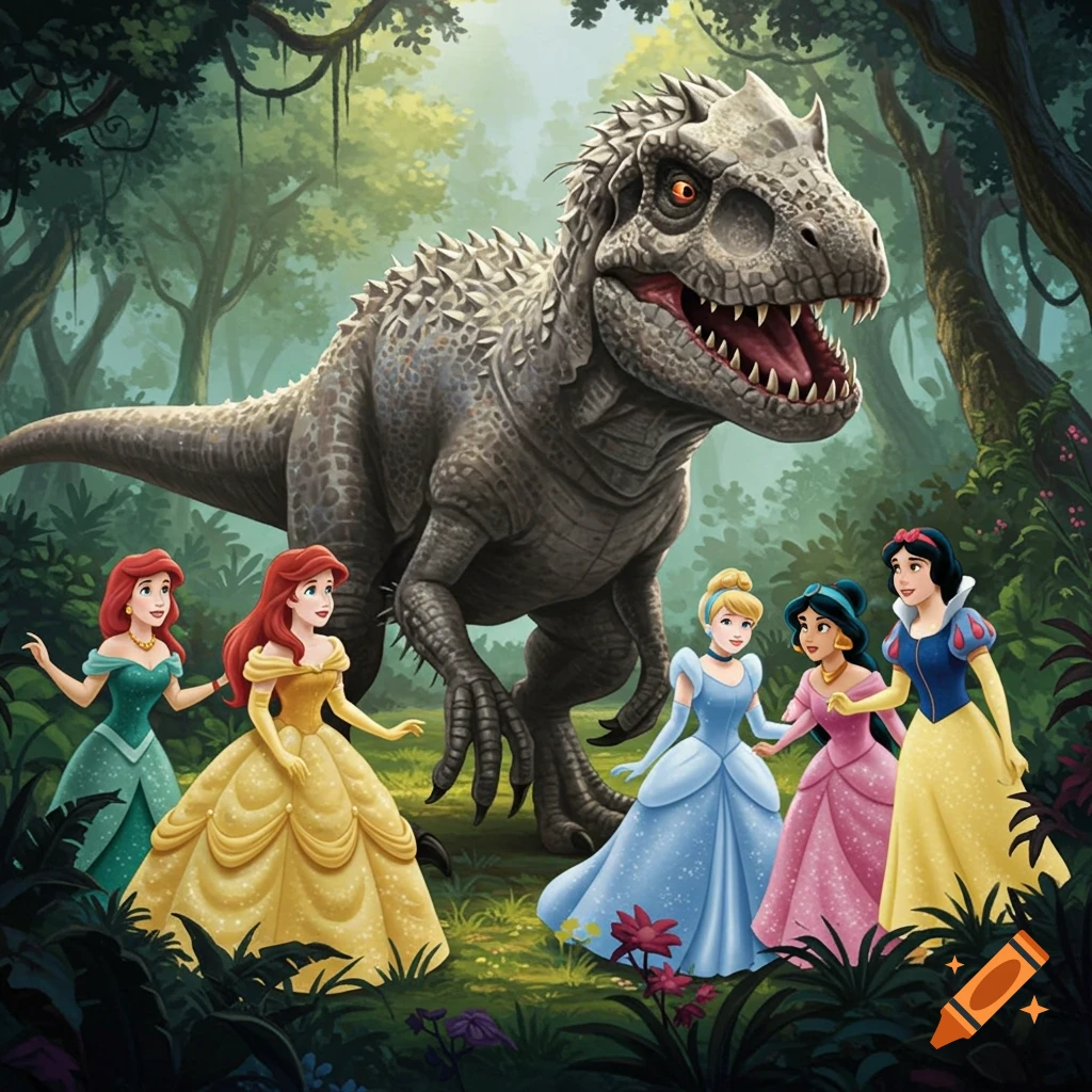 An Indominus Rex dinosaur looms over five Disney princesses in a lush ...
