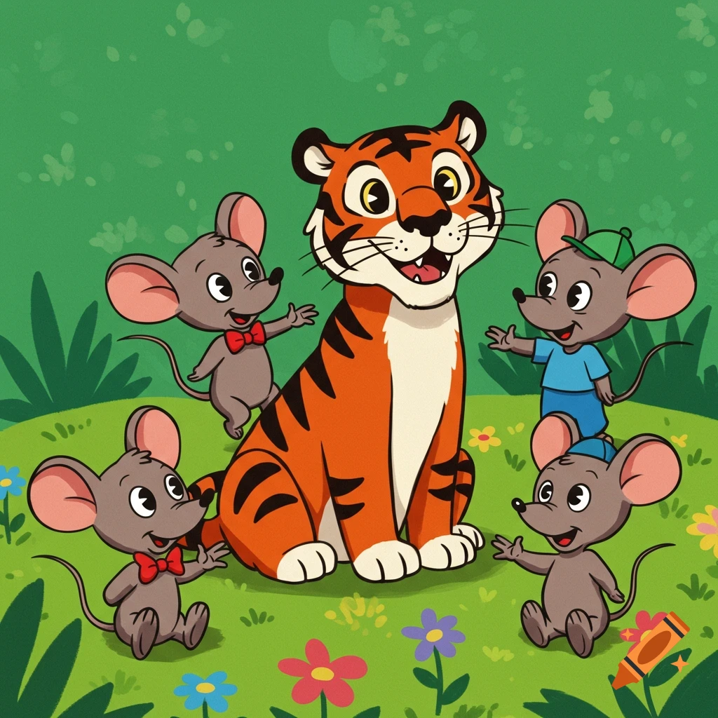 Cartoon tiger sits with four cartoon mice in a field of flowers. on Craiyon