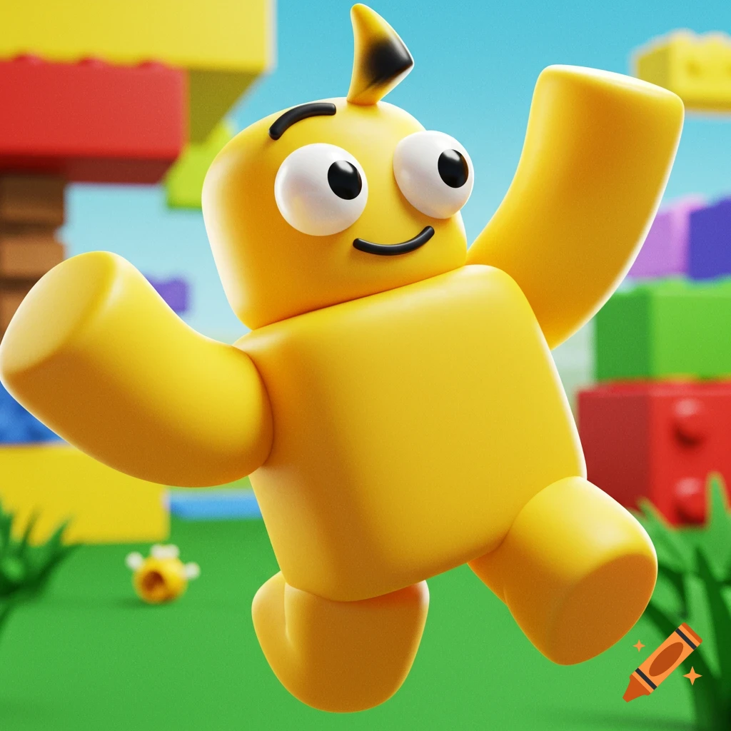 A yellow blocky cartoon character jumping in a landscape made of ...