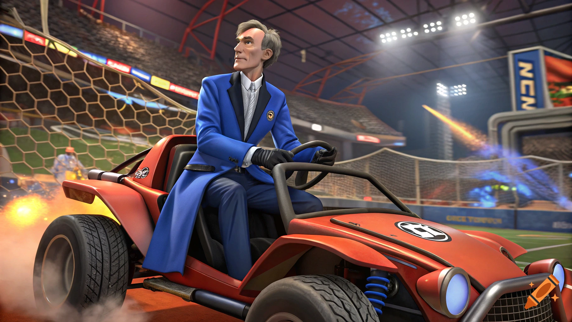 Bill Nye in a blue suit drives a red car on a field in a stadium with ...