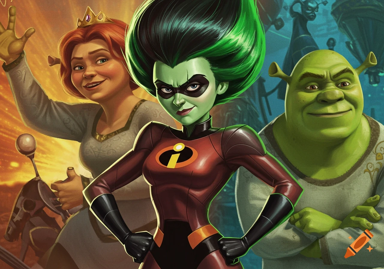 Stylized portrait of Princess Fiona, Edna Mode, and Shrek on Craiyon