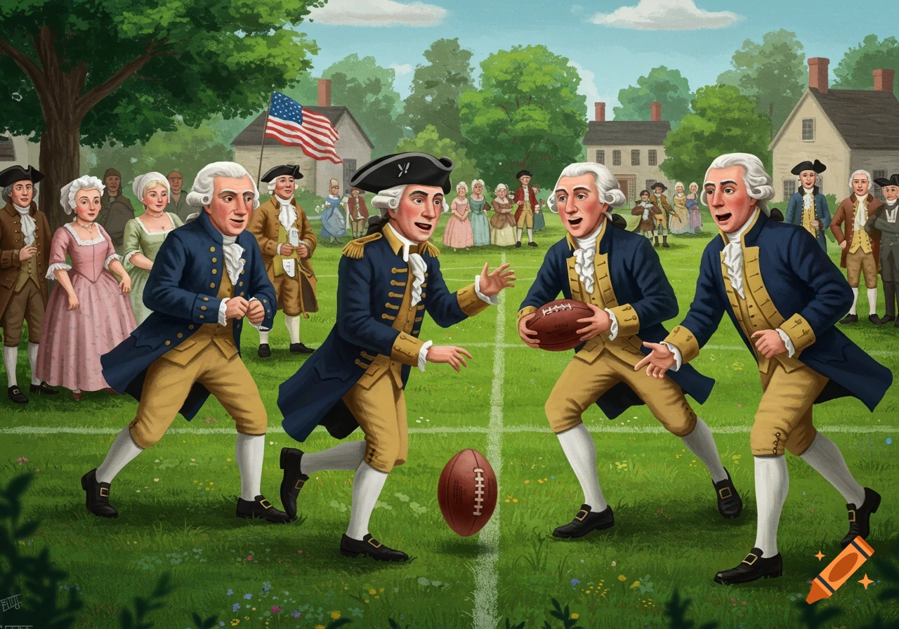 Illustration of historical figures in colonial clothing playing ...