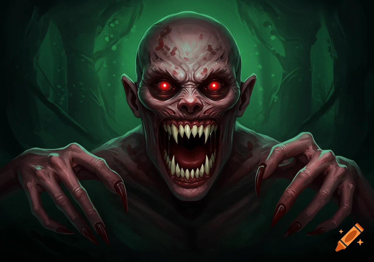 Close-up illustration of a scary monster with red eyes and sharp teeth ...