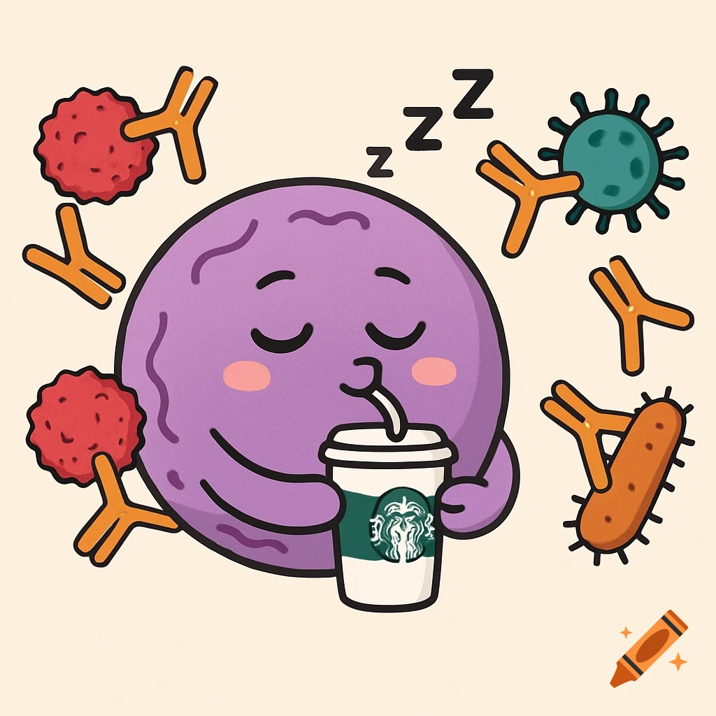 Cute cartoon plasma cell sleeping and drinking coffee while antibodies ...