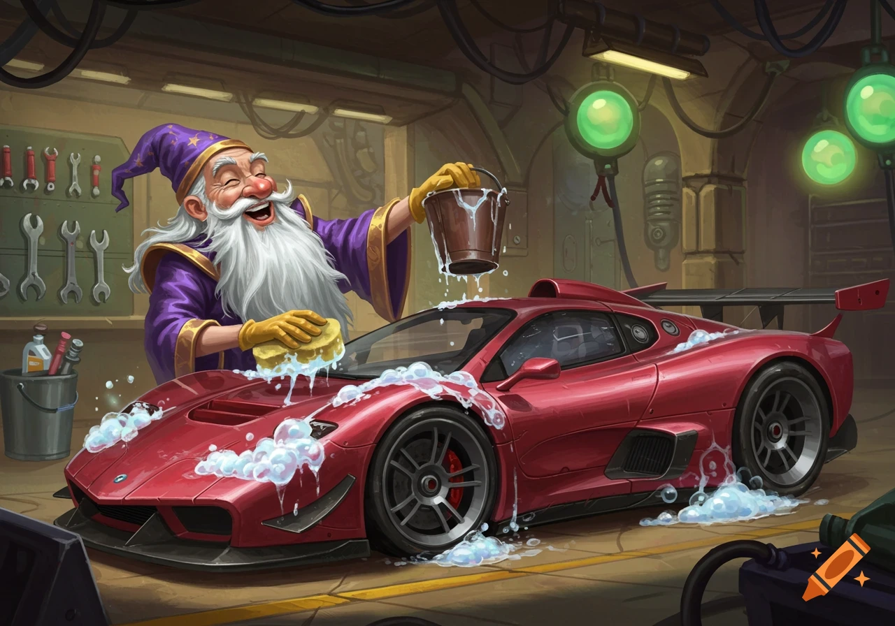 Cartoon illustration of a wizard washing a red sports car in a garage ...