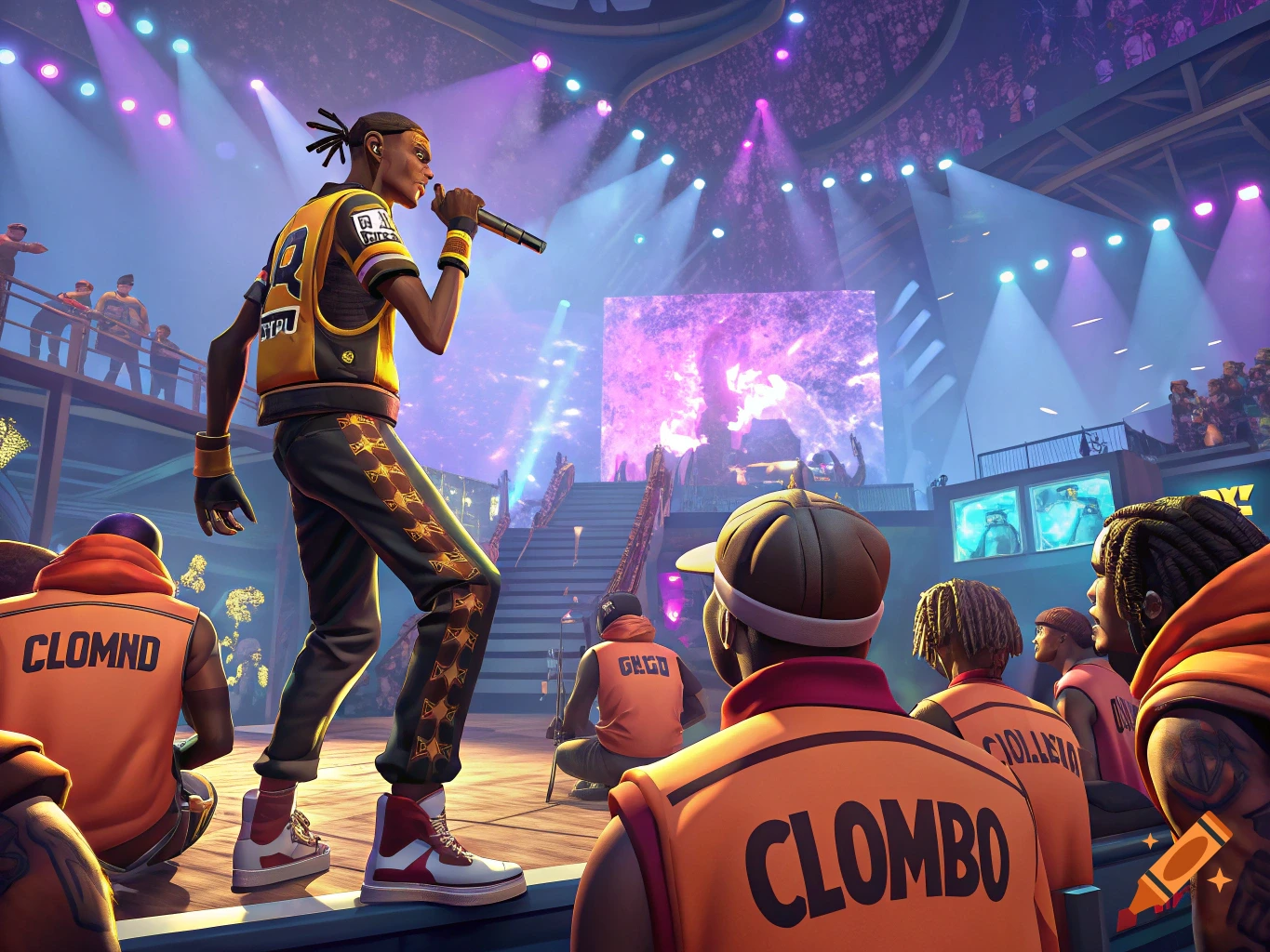 A dynamic, stylized scene of a rapper on stage performing to a crowd in ...