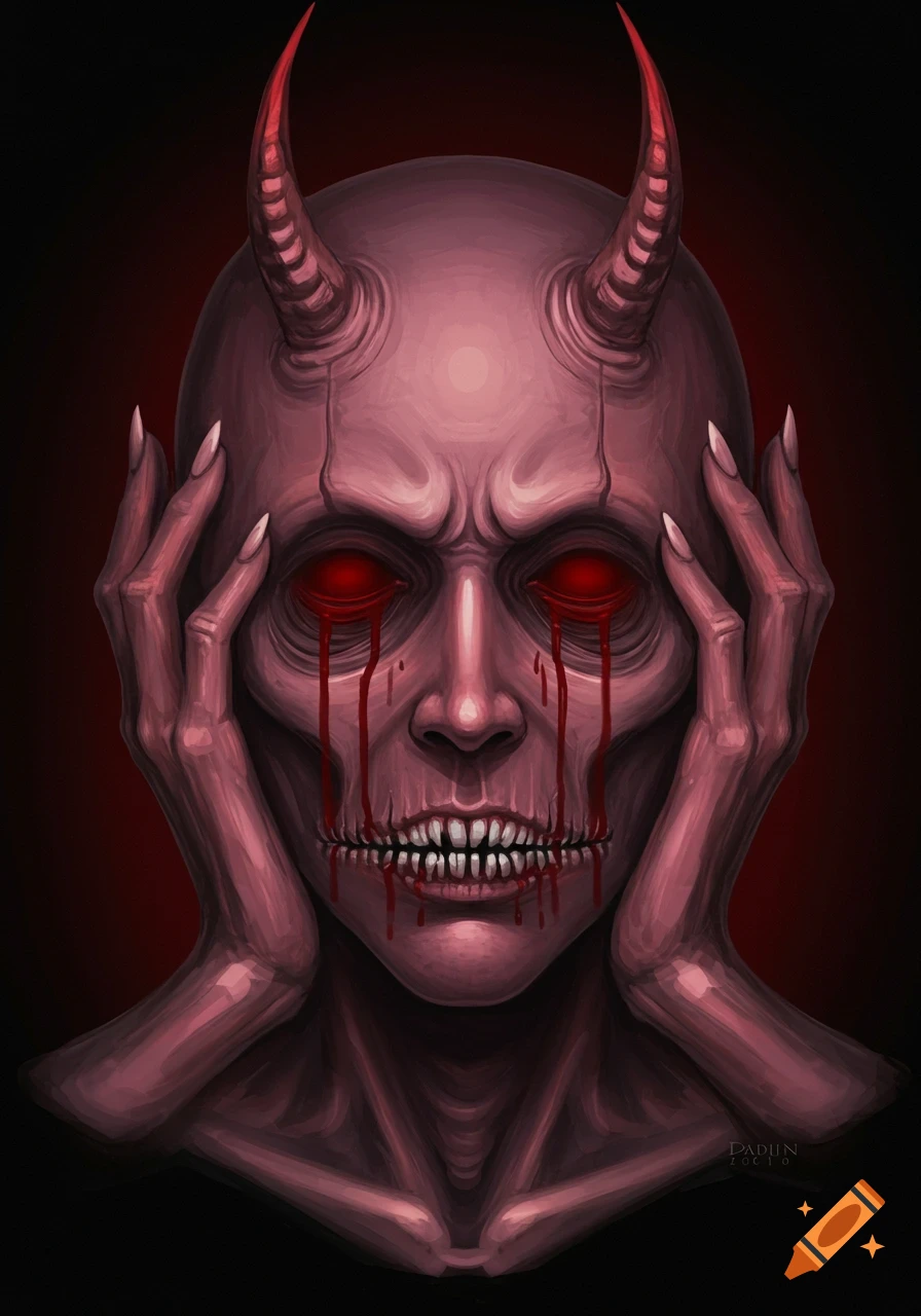 A digital painting close-up of a pinkish-red demon head with bleeding ...