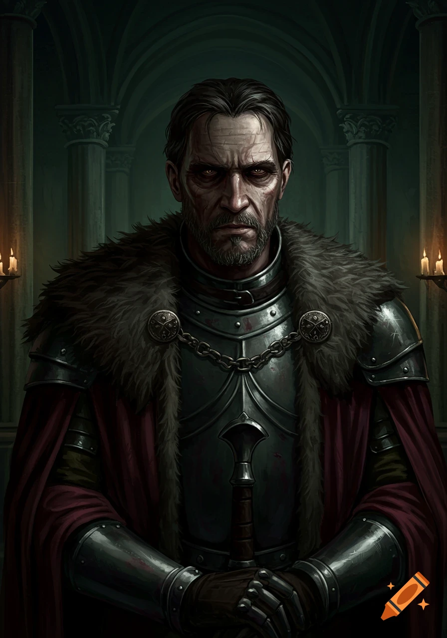 Medieval lord in armor with fur cloak, deep shadows, and candles on Craiyon