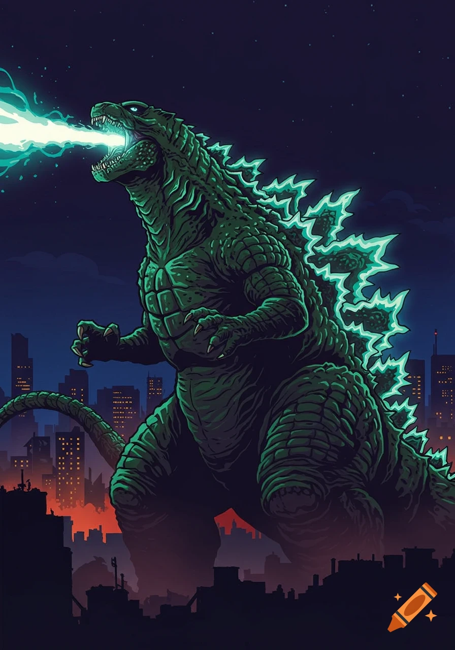 Stylized illustration of Godzilla breathing an atomic beam over a city ...