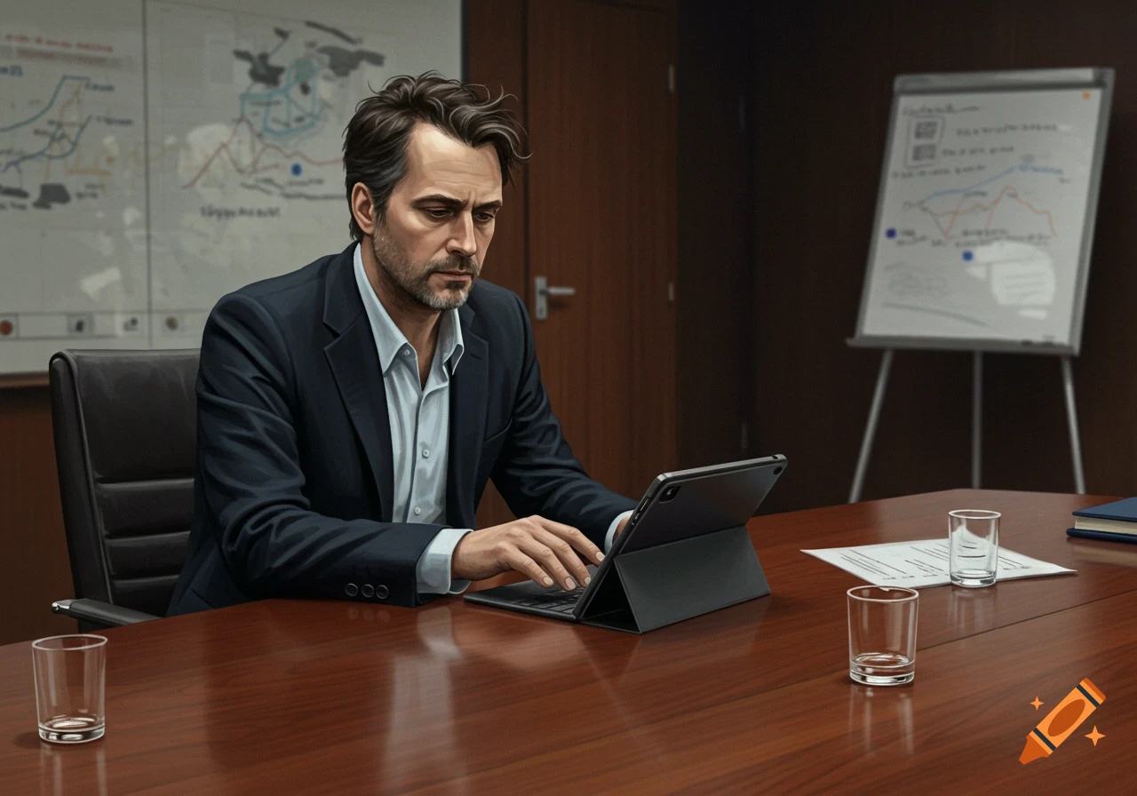 A man in a suit looks at a tablet in a modern boardroom. on Craiyon
