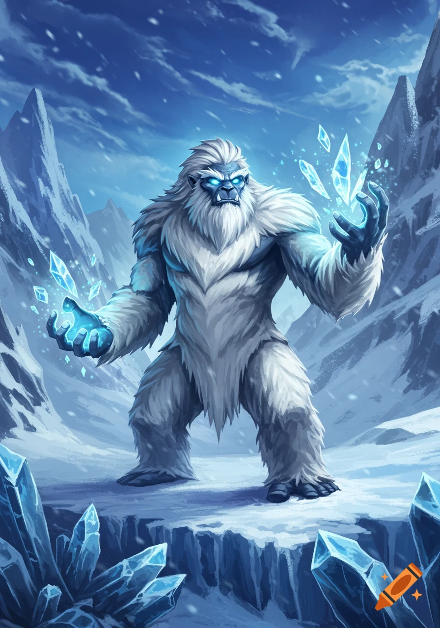 White yeti with ice magic in a snowy mountain landscape, digital ...
