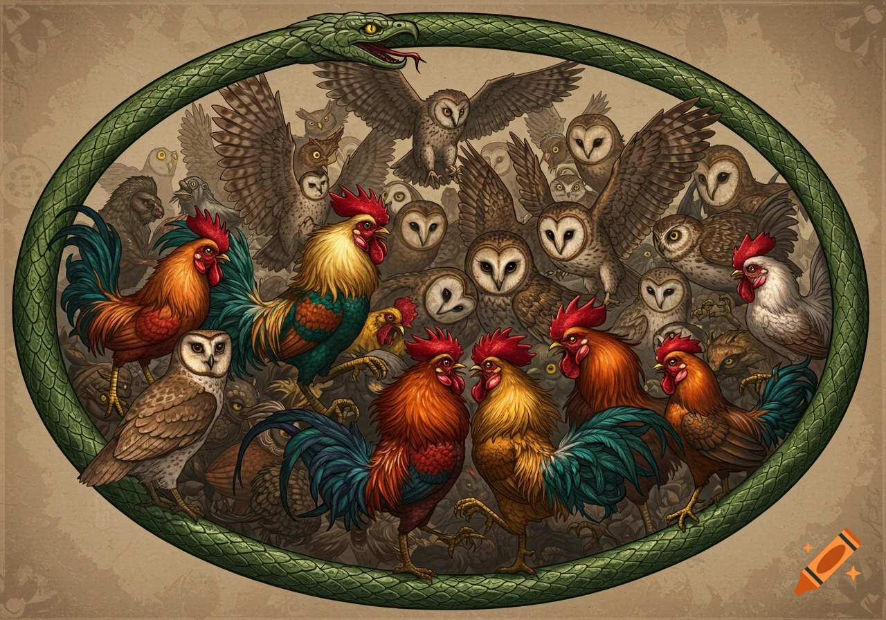 Illustration of roosters and owls within a serpent ouroboros frame. on ...