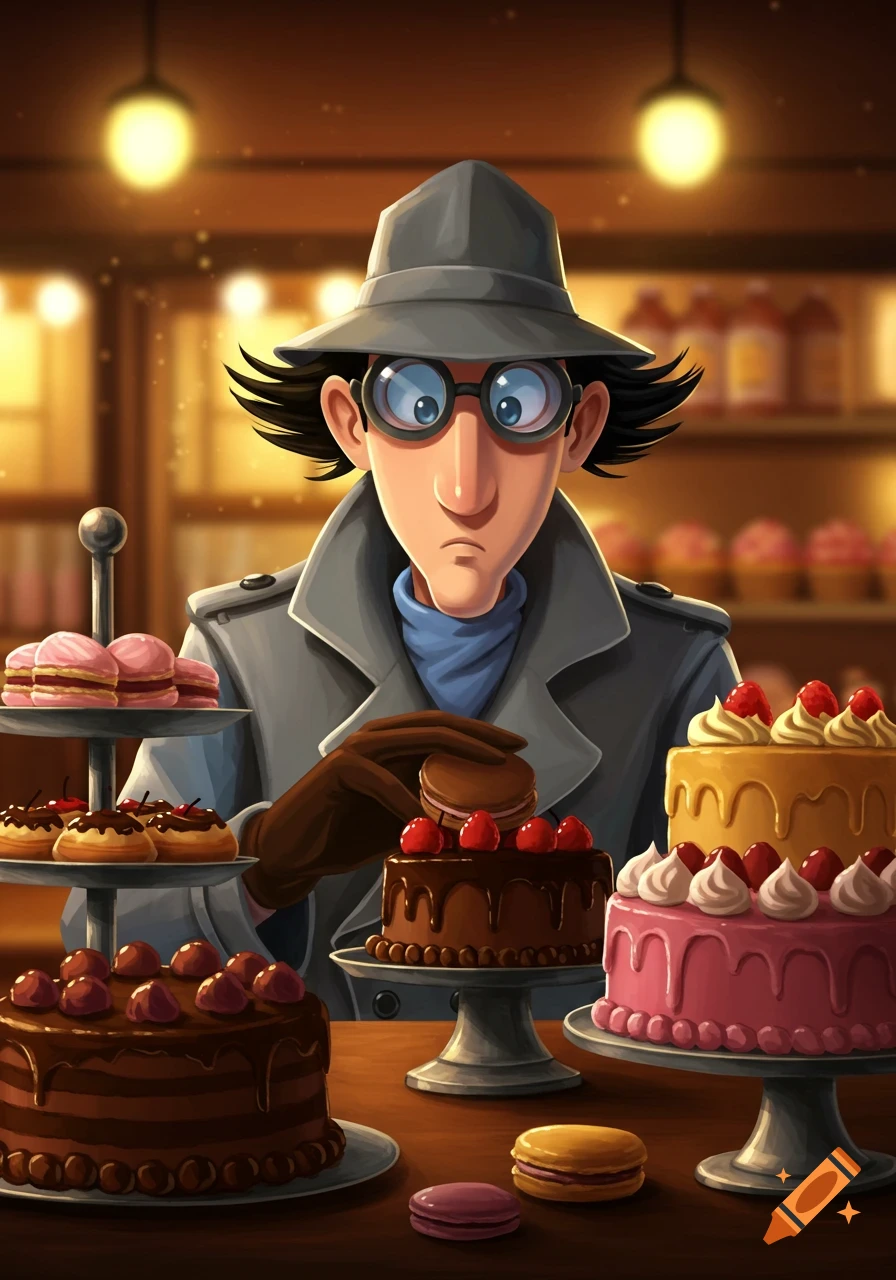 Cartoon character like Inspector Gadget looks at colorful cakes and ...