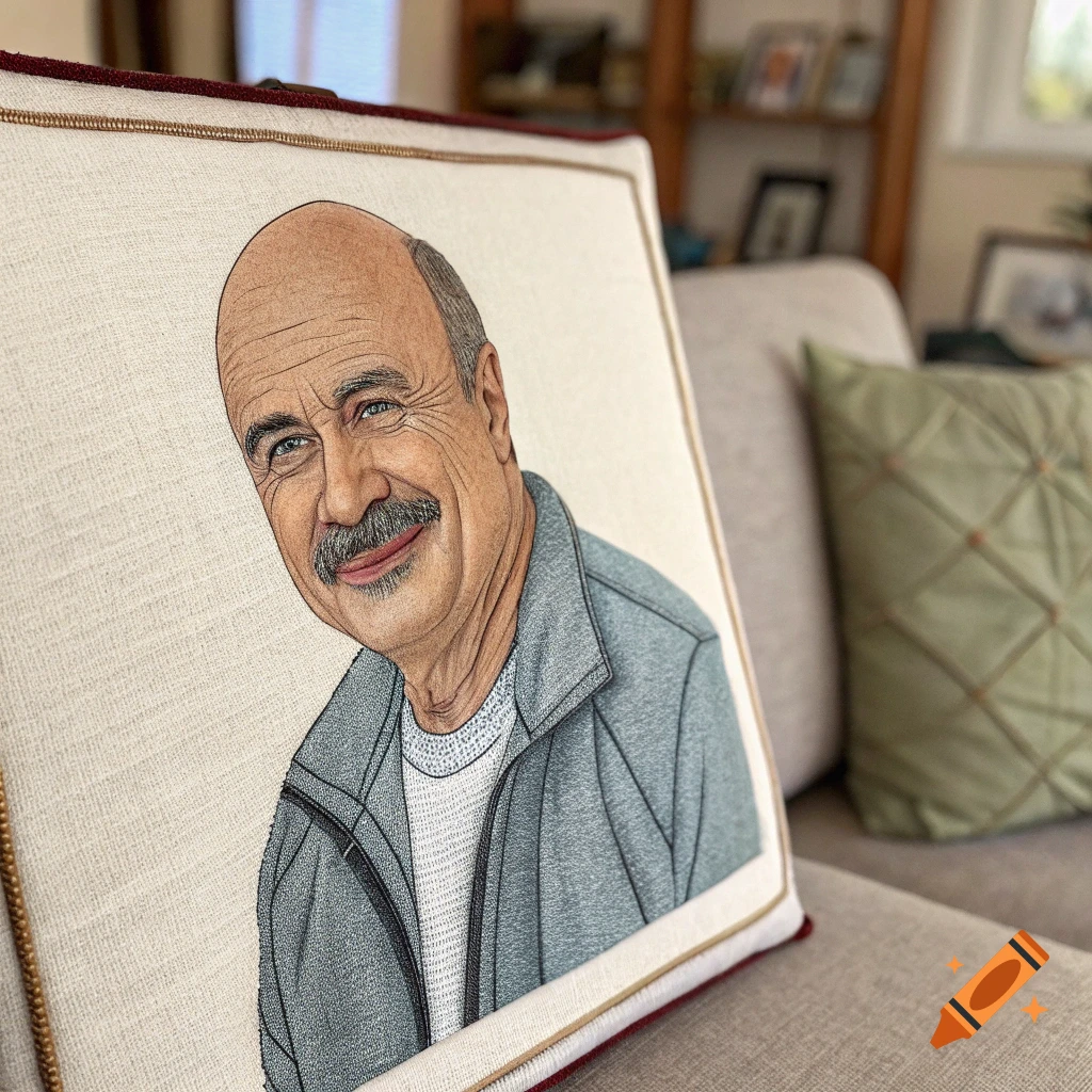 Embroidered portrait of Dr. Phil on a cushion. on Craiyon
