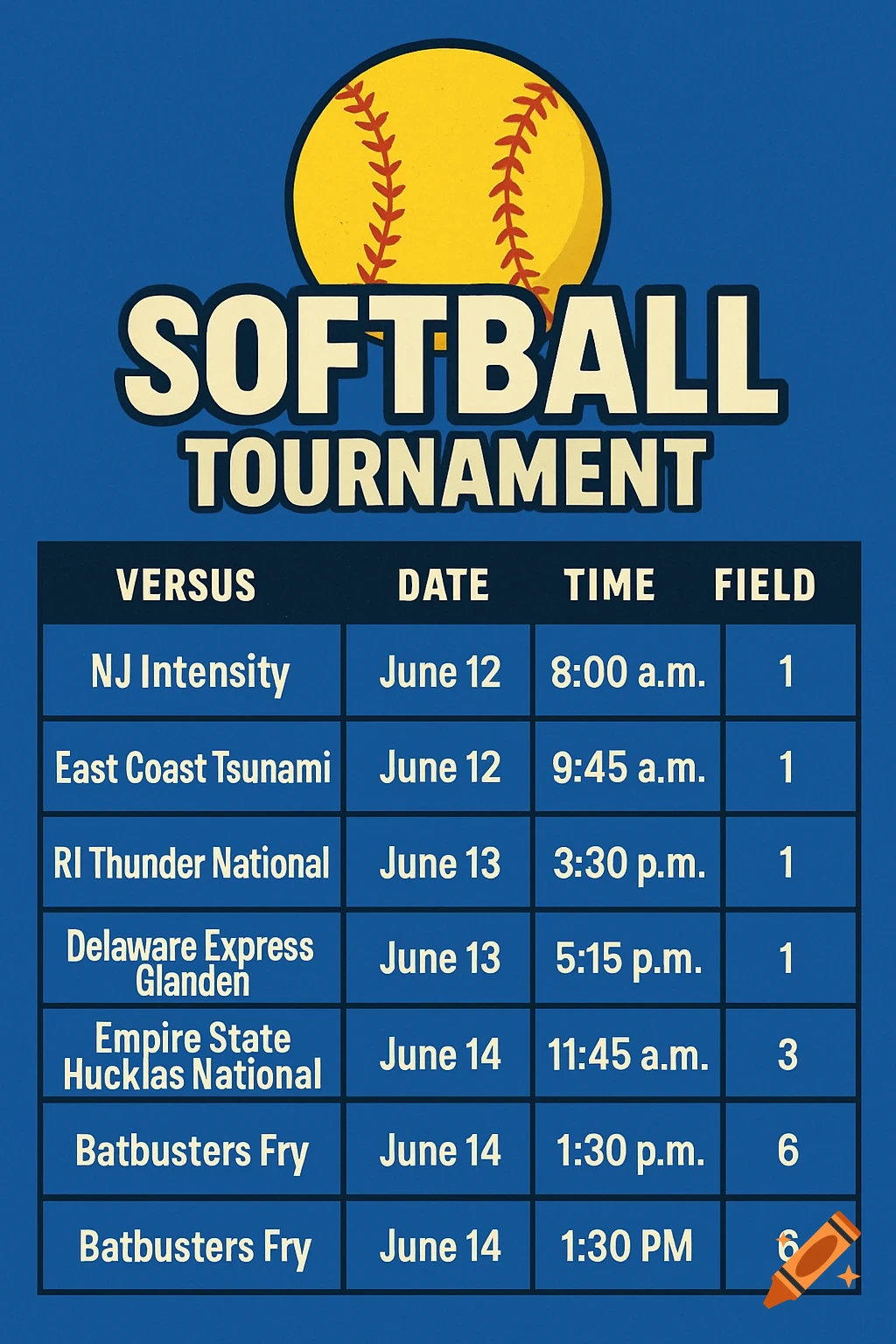 A graphic listing the schedule for a softball tournament, with a large ...