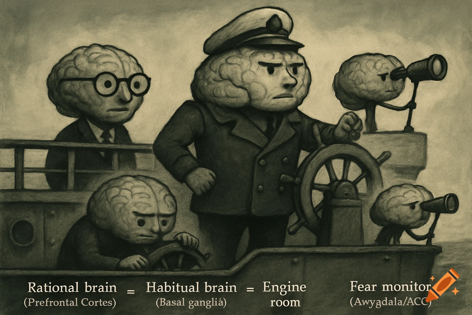 Illustration of characters with brain heads on a ship, representing ...