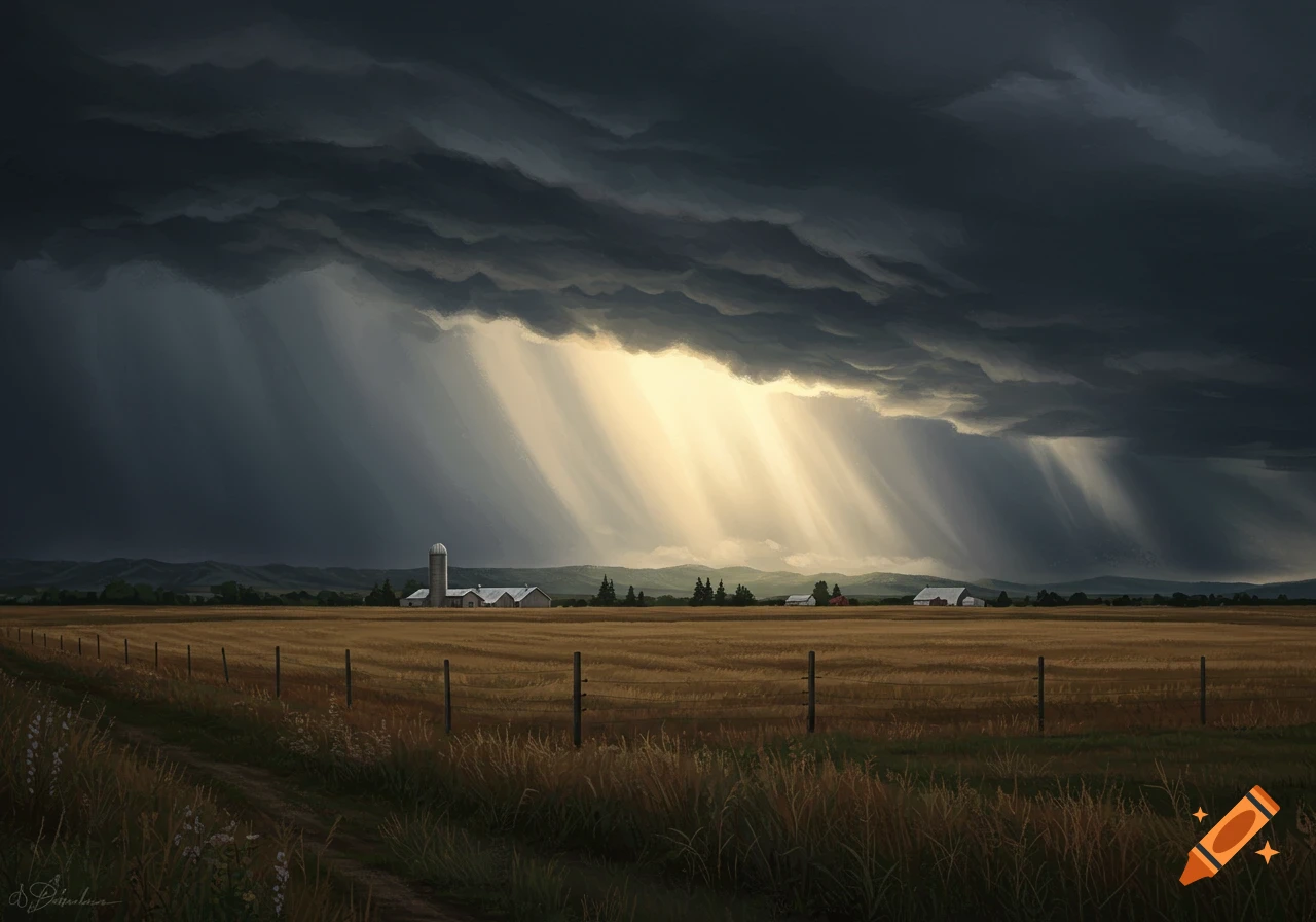 Painting of a stormy farm field with sunbeams breaking through dark ...