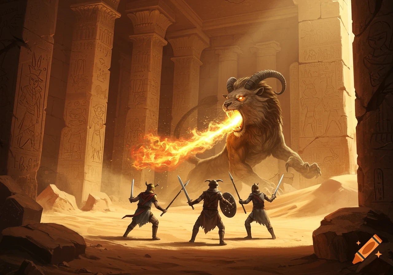 Warriors fight a fire-breathing chimera in a desert temple on Craiyon